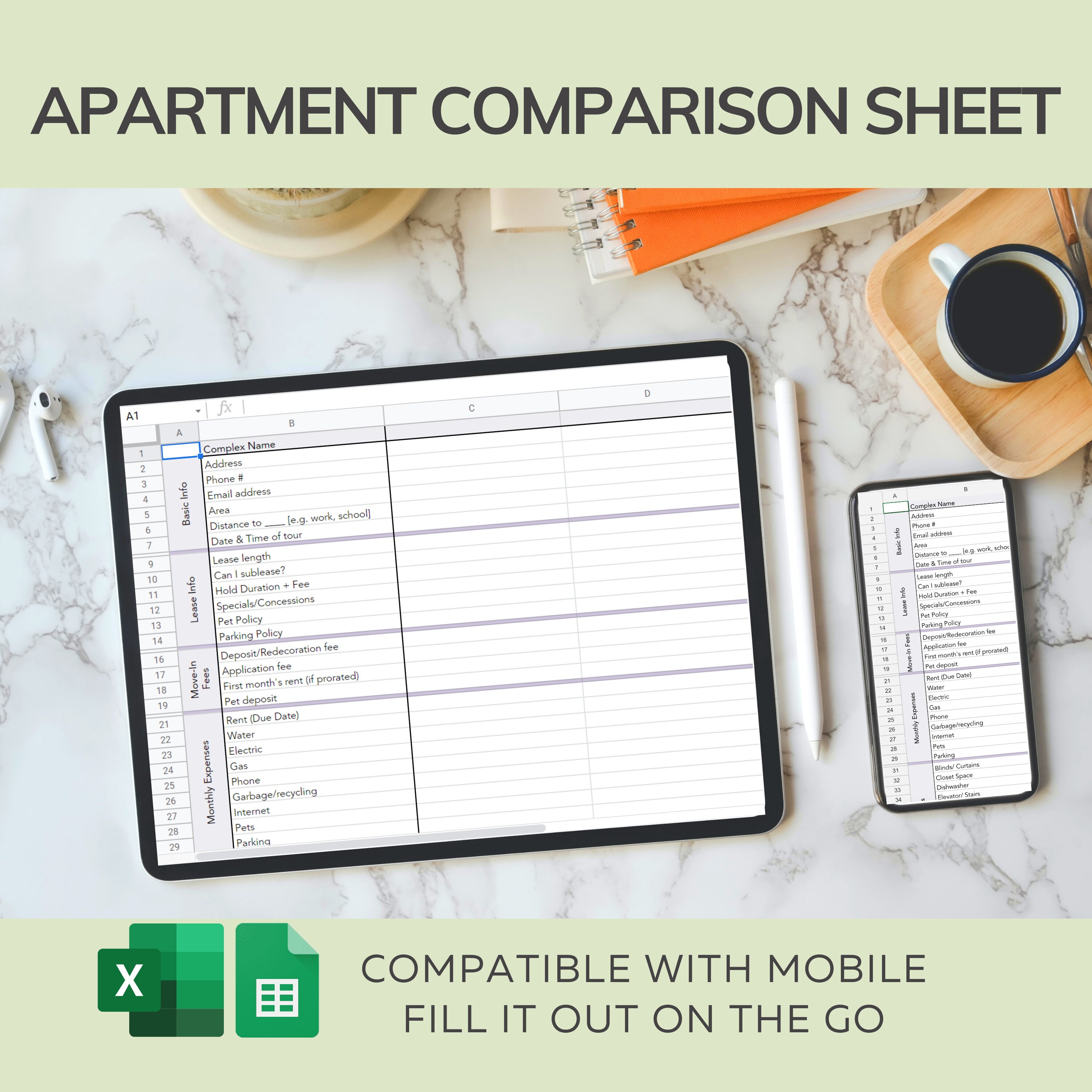Apartment Comparison Spreadsheet | Housing Search Planner | Apartment ...