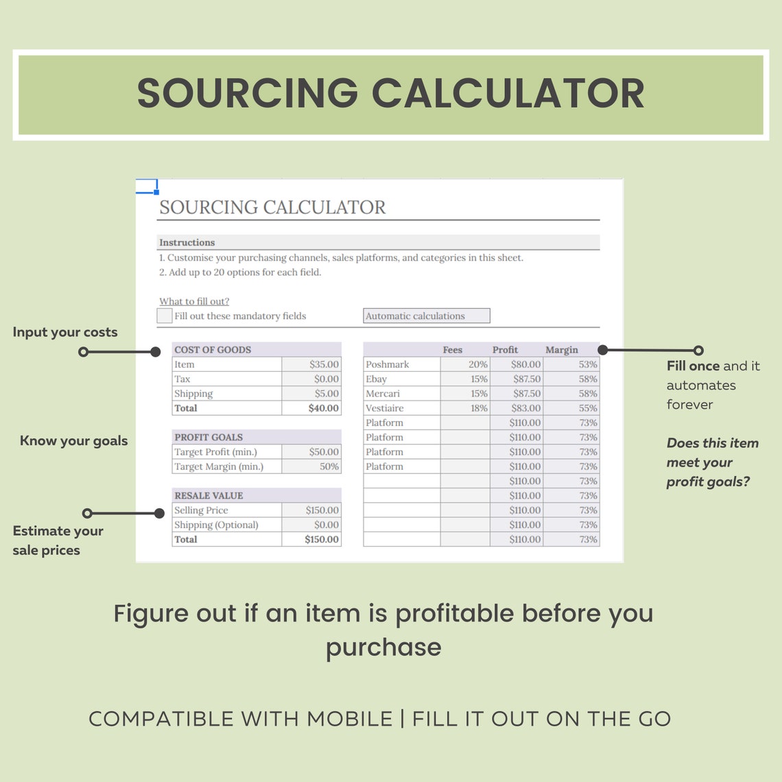 Reselling Dashboard Spreadsheet | Sourcing Calculator Inventory Sales ...