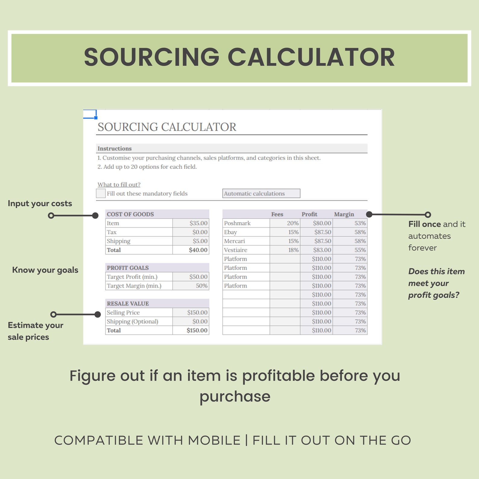 Reselling Dashboard Spreadsheet | Sourcing Calculator Inventory Sales ...