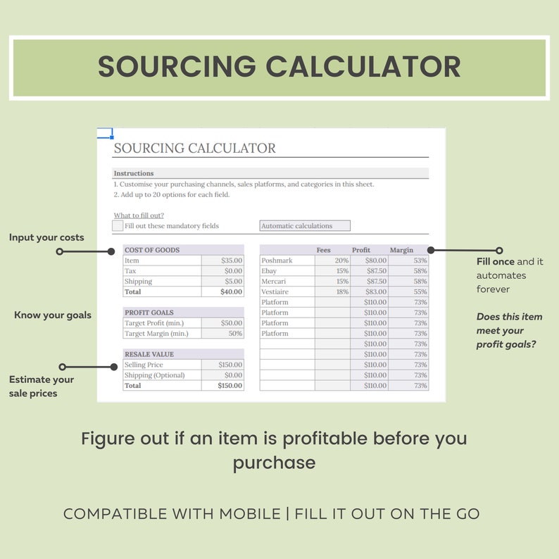 Reselling Dashboard Spreadsheet | Sourcing Calculator Inventory Sales ...