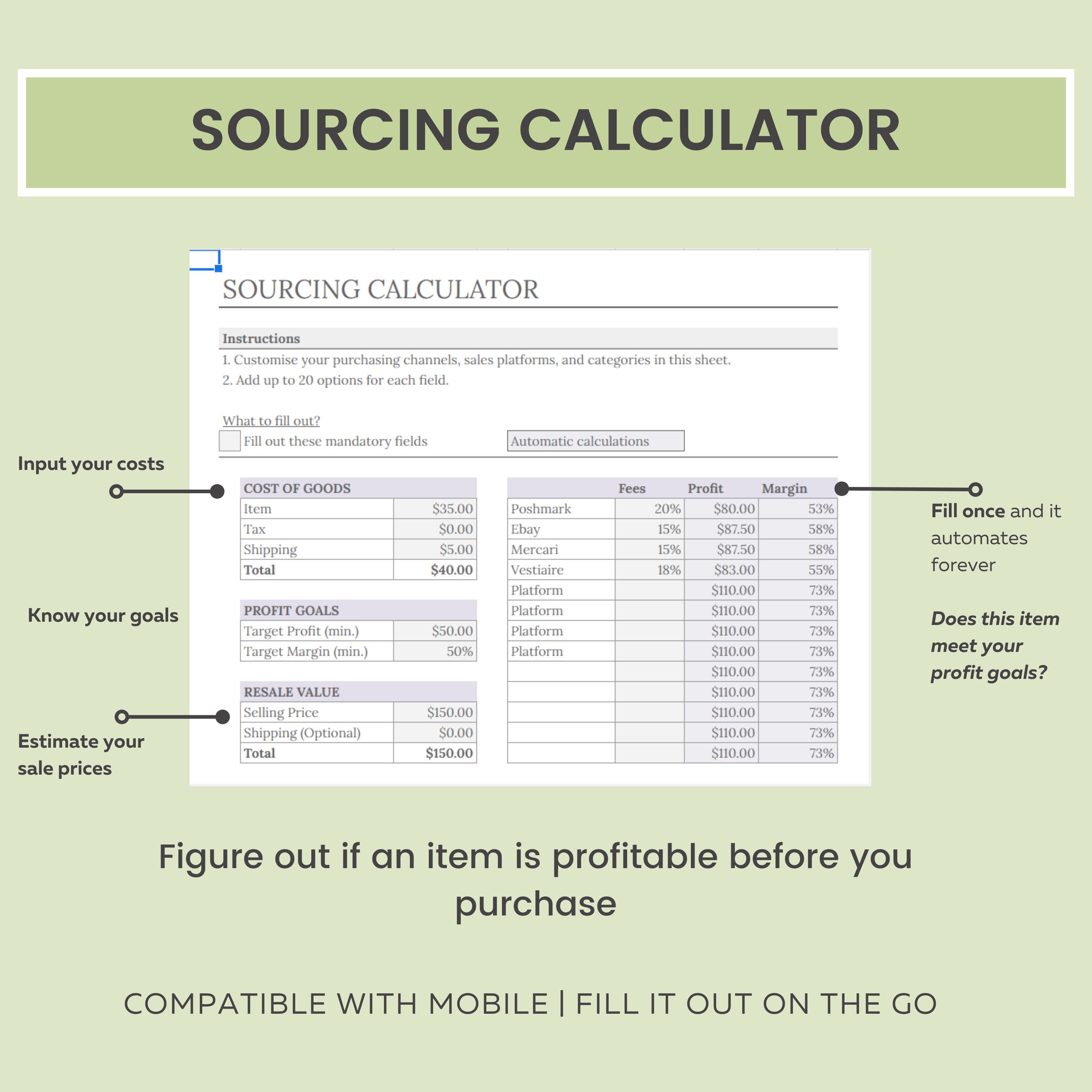 Reselling Dashboard Spreadsheet | Sourcing Calculator Inventory Sales ...