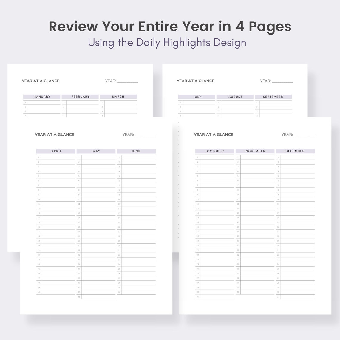 Minimalist Yearly Overview Printable, Year at a Glance Planner ...