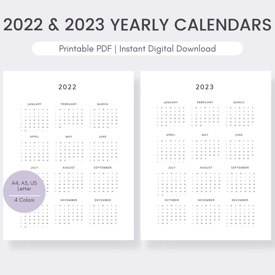 2022 & 2023 Yearly Calendar Printable Minimalist Calendar - Etsy Canada