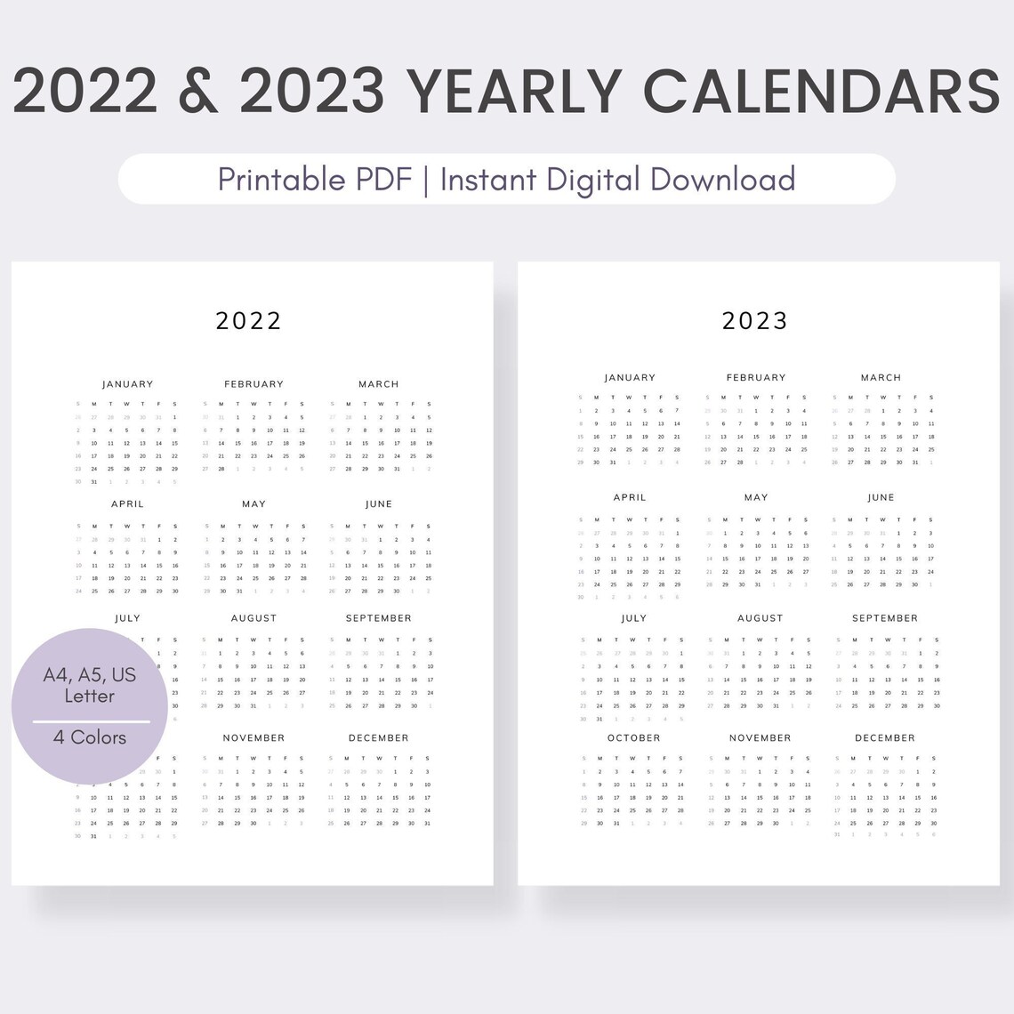 2022 & 2023 Yearly Calendar Printable Minimalist Calendar - Etsy Canada