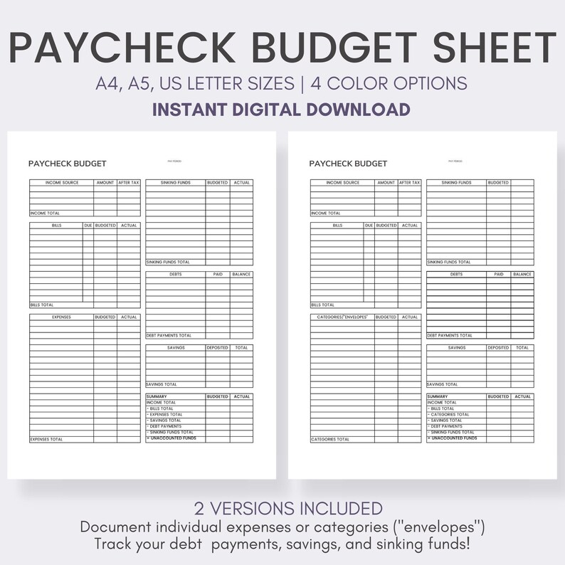 Paycheck Budget Tracker Printable | Personal Finance Planner | Cash ...