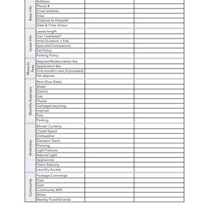 Apartment Comparison Worksheet | Housing Search Planner | Rent ...