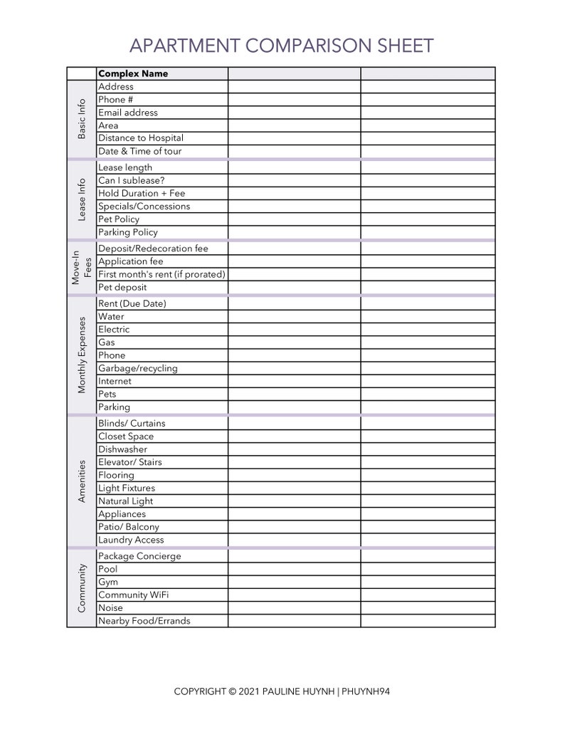 Apartment Comparison Worksheet | Housing Search Planner | Rent ...