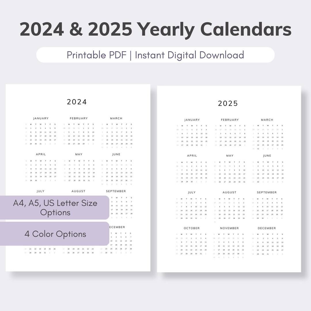 2024 & 2025 Yearly Calendar Printable, Minimalist Calendar | Year ...