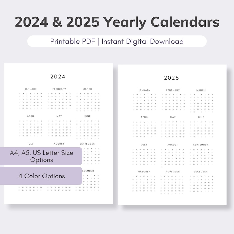 2024 & 2025 Yearly Calendar Printable, Minimalist Calendar | Year ...