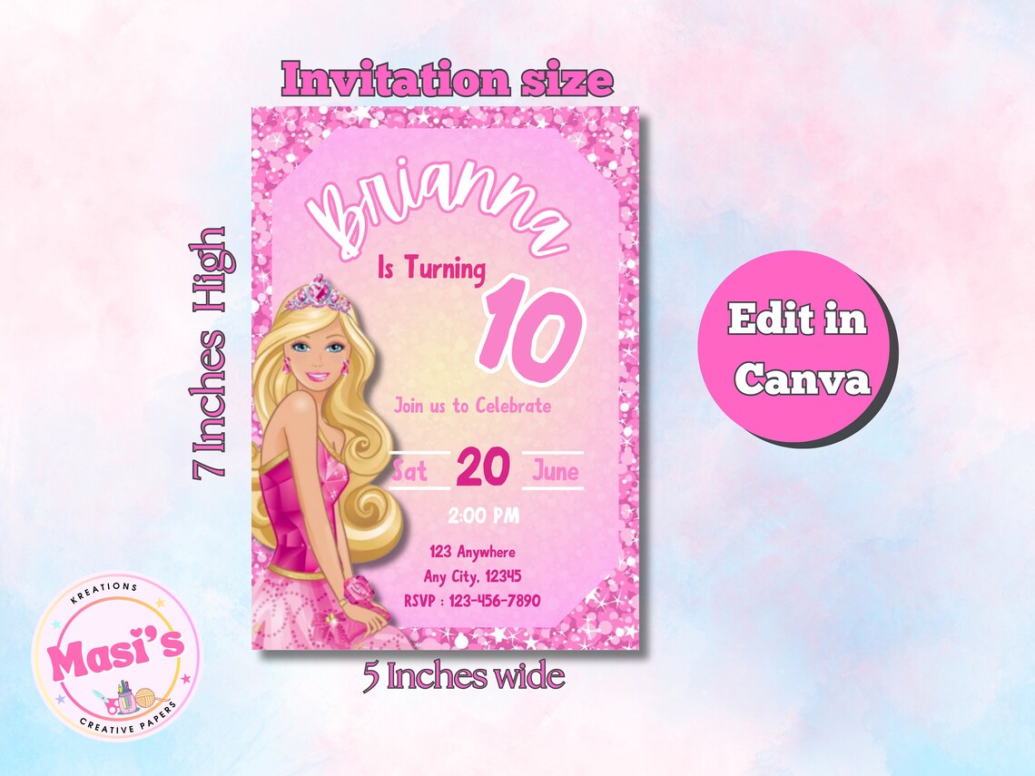 Pink Doll Birthday Party Editable Barbie Invitation Barbie Party Barbie ...