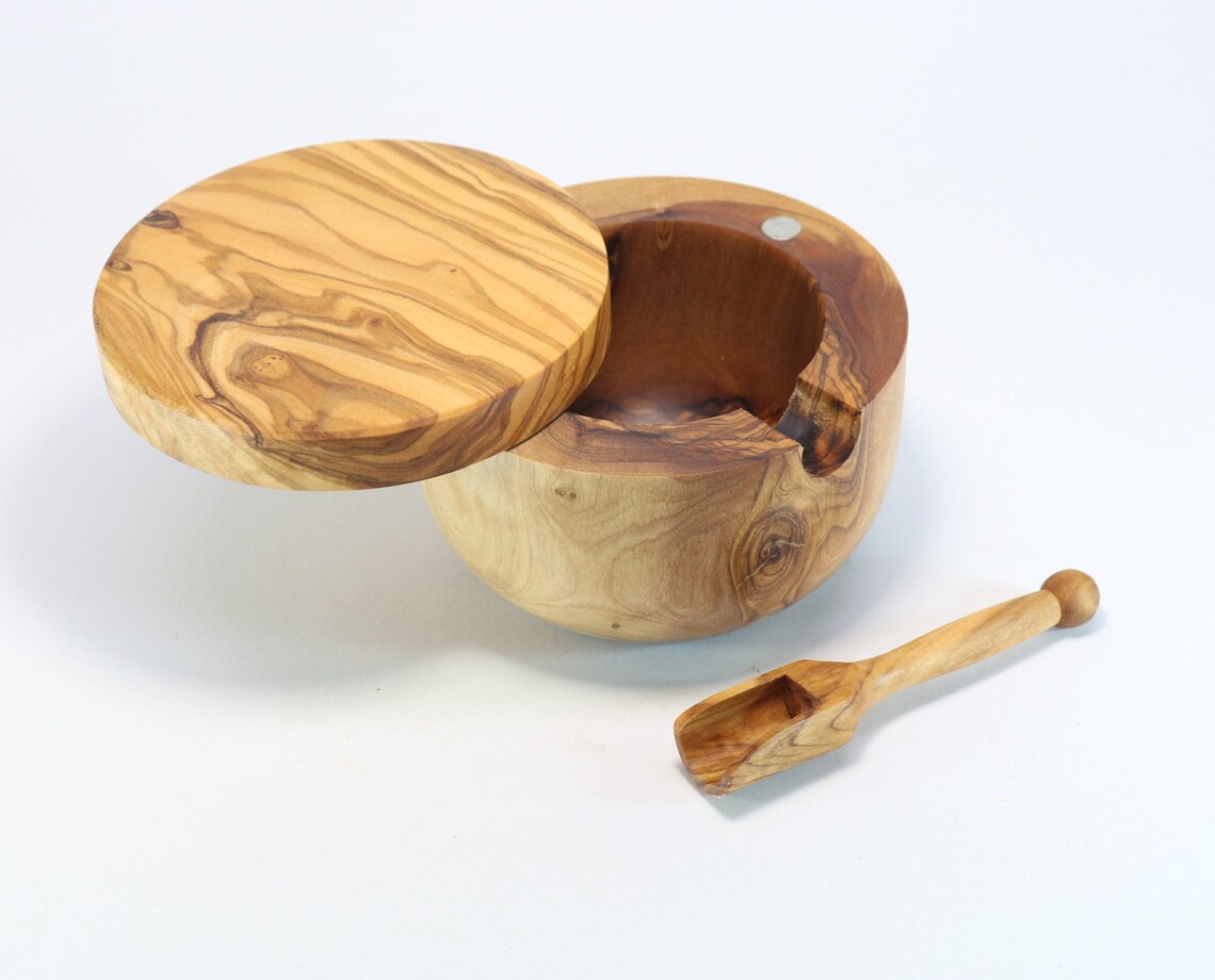 Olive Wood Salt Cellar With Lid and Spoon BESTSELLER Salt - Etsy