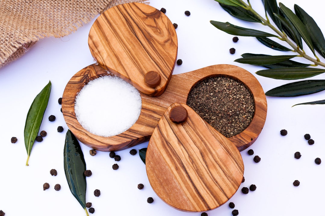Small Salt & Pepper Cellar With Pivoting Lids Made of Olive Wood - Etsy