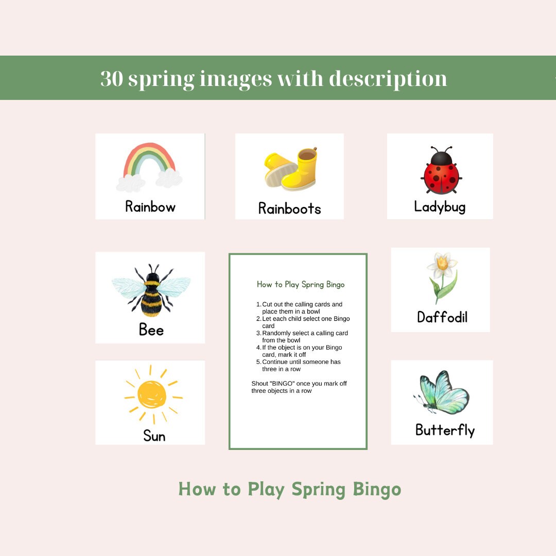 Spring Kids Bingo, 30 Unique Bingo Cards, Kids Spring Activity ...