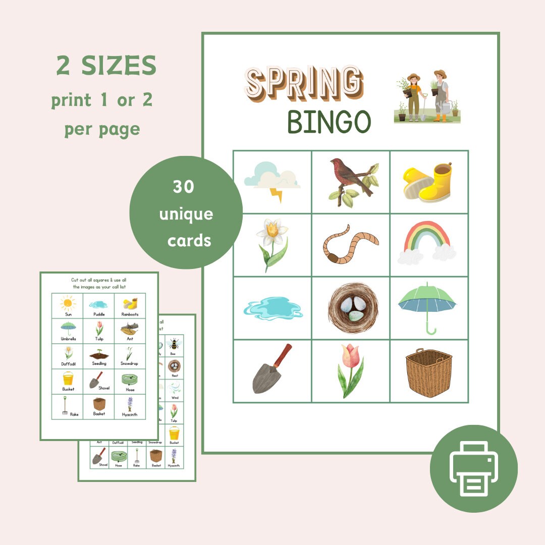 Spring Kids Bingo, 30 Unique Bingo Cards, Kids Spring Activity ...