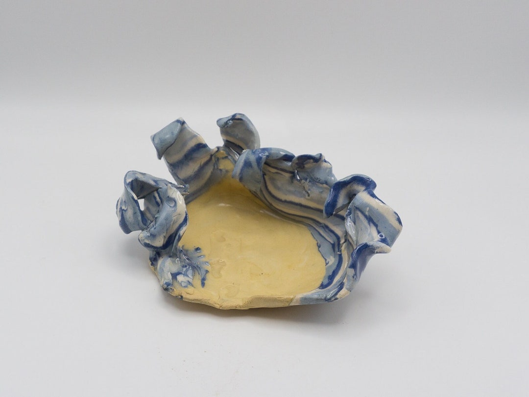 Yellow and Blue Beach Scene Ceramic Circular Tray With Nerikomi Waves and Footprints , Ocean ...