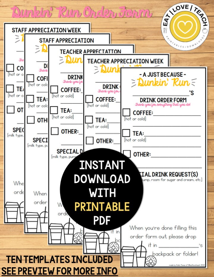 DUNKIN' ORDER FORM | Coffee | Tea | Donuts | Teacher | Staff | Just ...