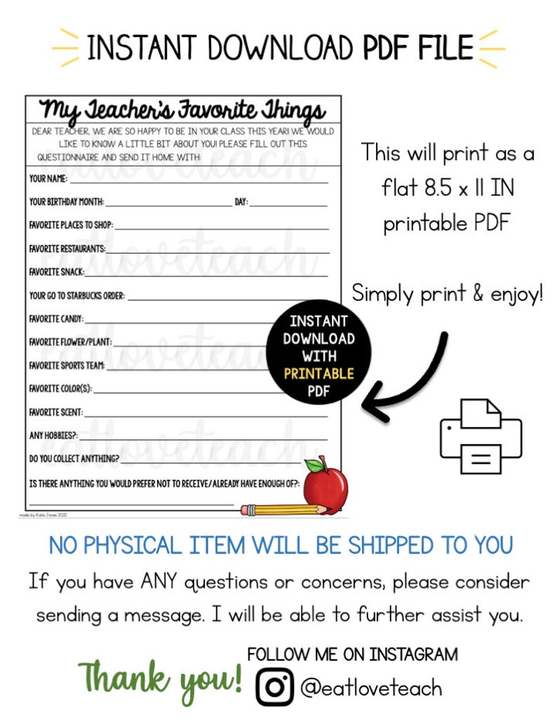 TEACHER'S FAVORITE THINGS | Back to School | Teacher Questionnaire ...