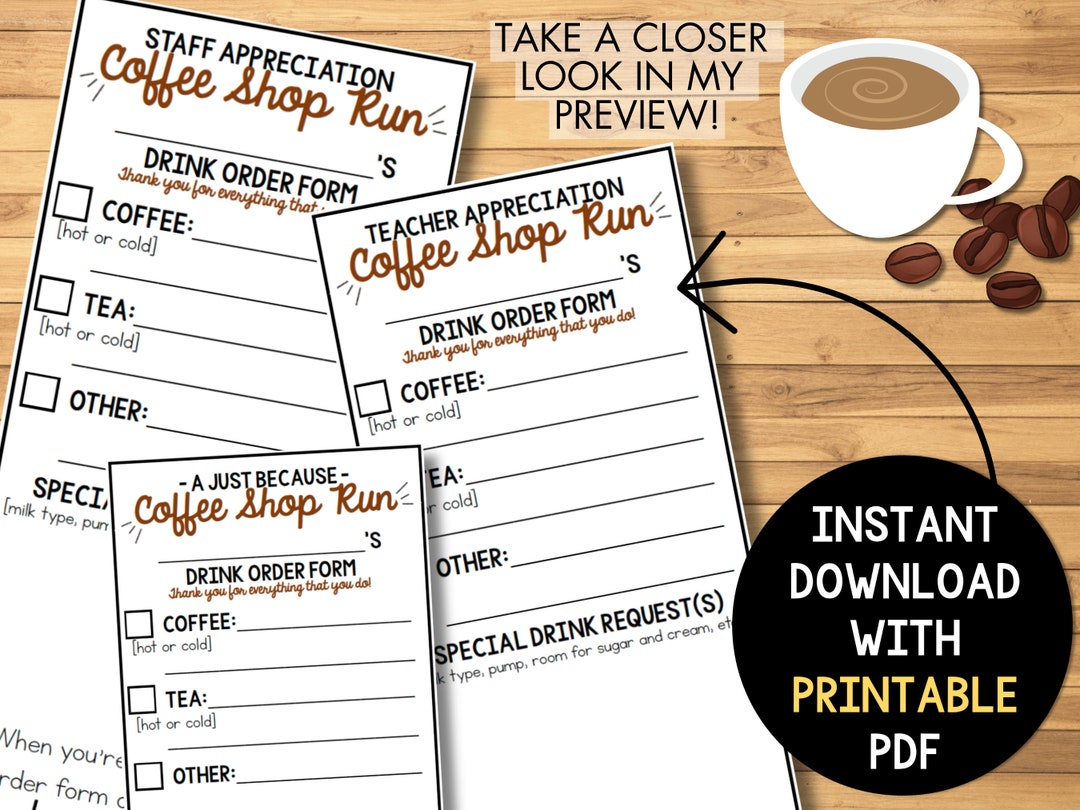 COFFEE SHOP Order Form | Coffee | Tea | Teacher | Staff | Just Because ...