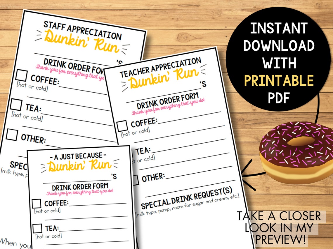 DUNKIN' ORDER FORM | Coffee | Tea | Donuts | Teacher | Staff | Just ...