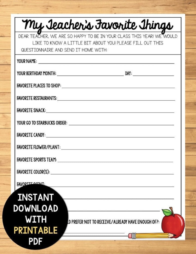 TEACHER'S FAVORITE THINGS | Back to School | Teacher Questionnaire ...