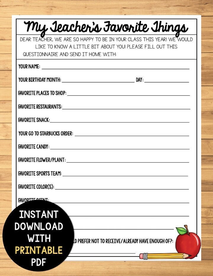 TEACHER'S FAVORITE THINGS | Back to School | Teacher Questionnaire ...