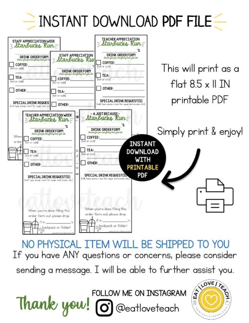 STARBUCKS ORDER FORM | Coffee | Teacher | Staff | Just Because ...