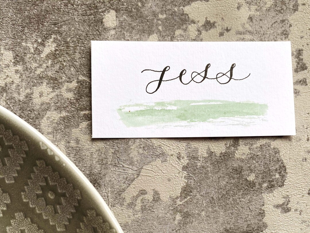 Sage Green Watercolour Swipe Calligraphy Wedding and Event Place Card ...