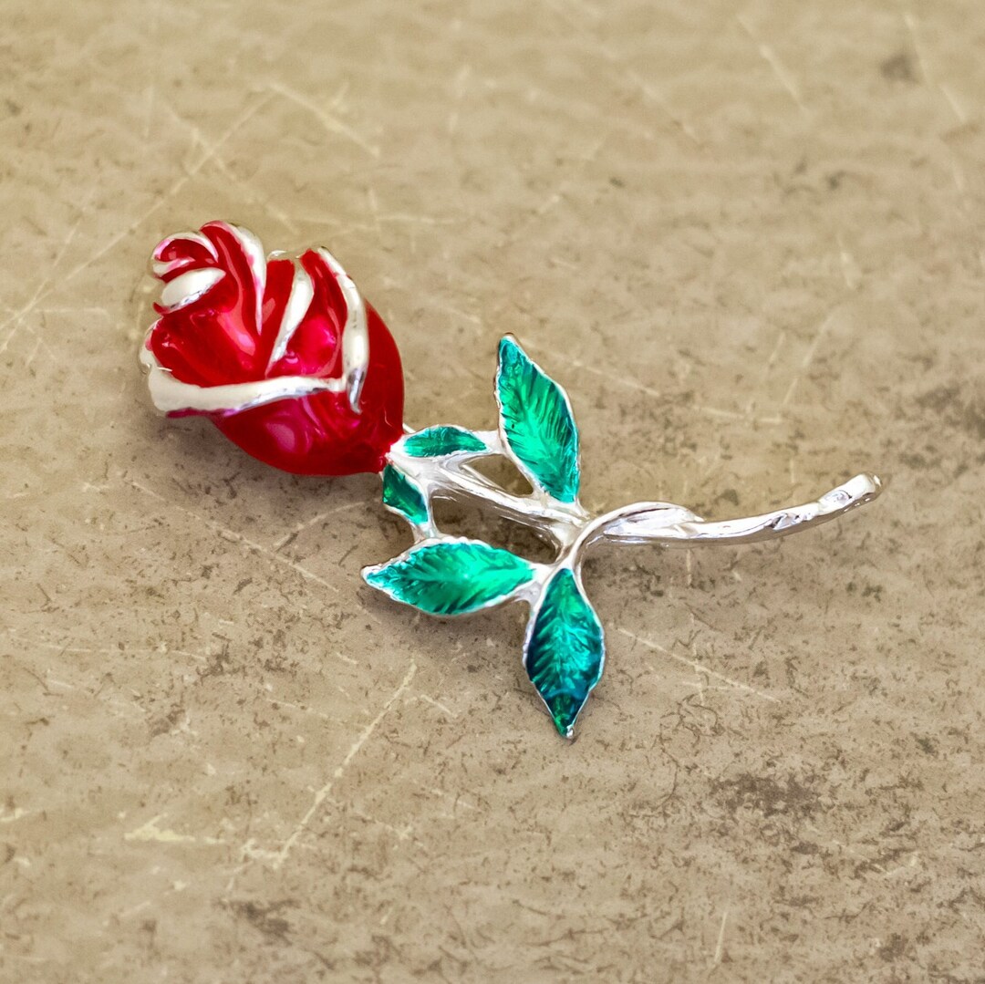 Vintage Red Floral Rose Green Leaves Brooch - I32 - Etsy
