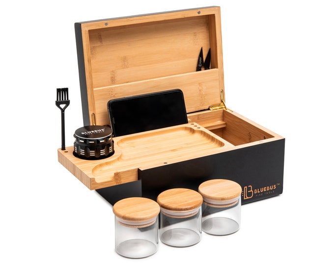 GENESIS Bamboo Large Stash Box With Lock- Sliding Rolling Tray W/brush ...
