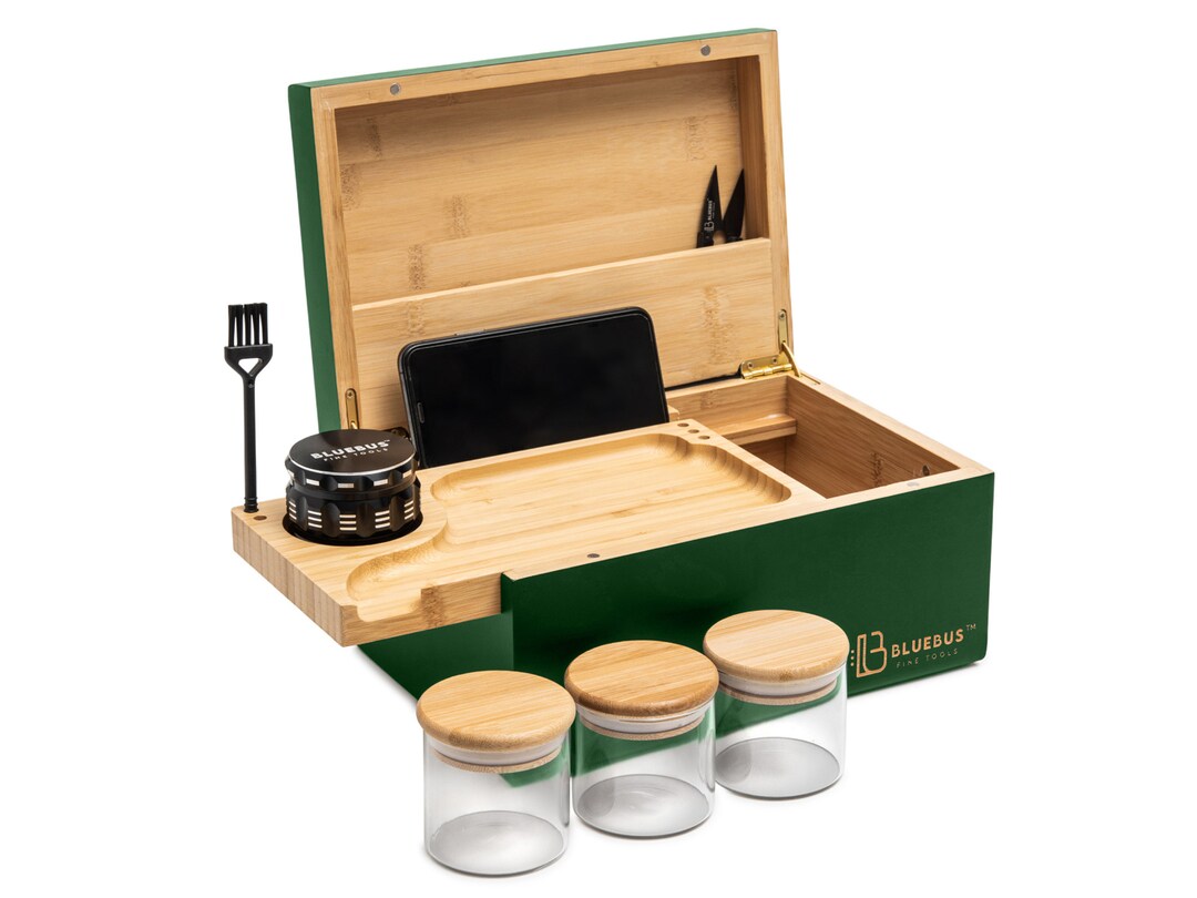 GENESIS Large Bamboo Stash Box With Lock, Sliding Rolling Tray, Brush ...