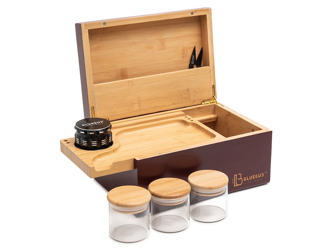 GENESIS Large Bamboo Stash Box With Lock, Sliding Rolling Tray, Brush ...