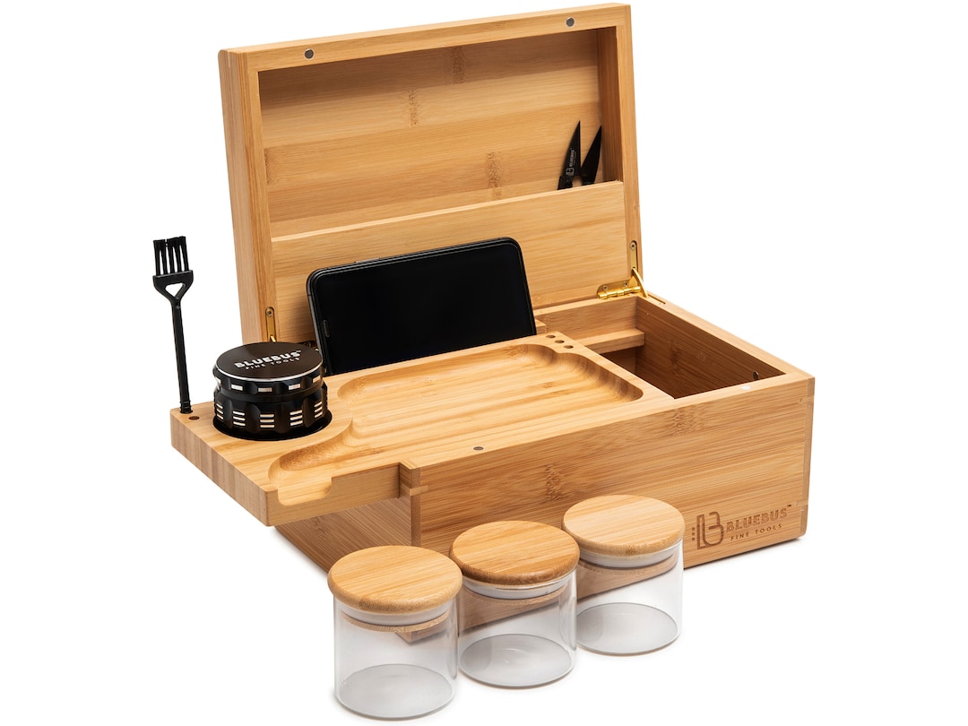 GENESIS Large Stash Box With Lock 100% Bamboo Sliding Rolling Tray W ...