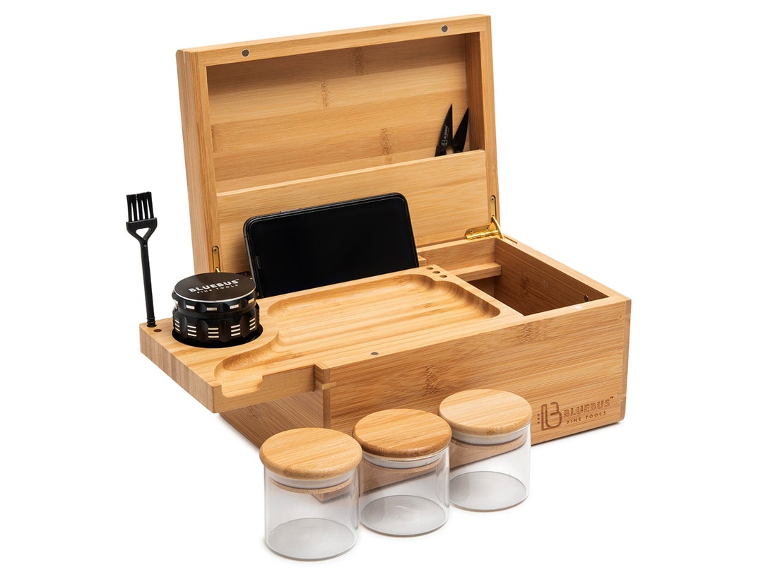 GENESIS Natural Large Bamboo Stash Box With Lock, Sliding Rolling Tray ...