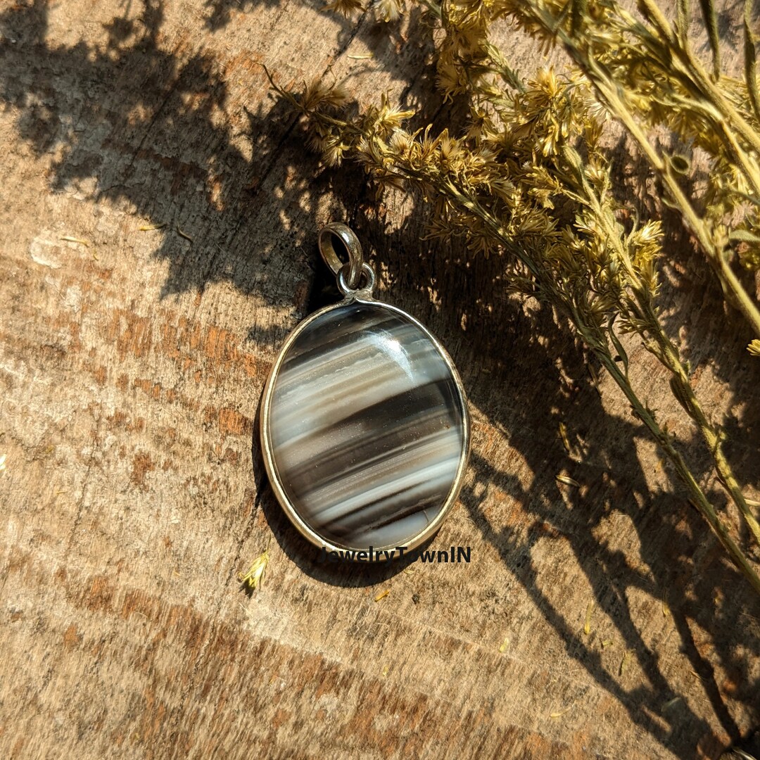 Natural Botswana Agate Gemstone Pendant, 925 Sterling Silver Plated ...