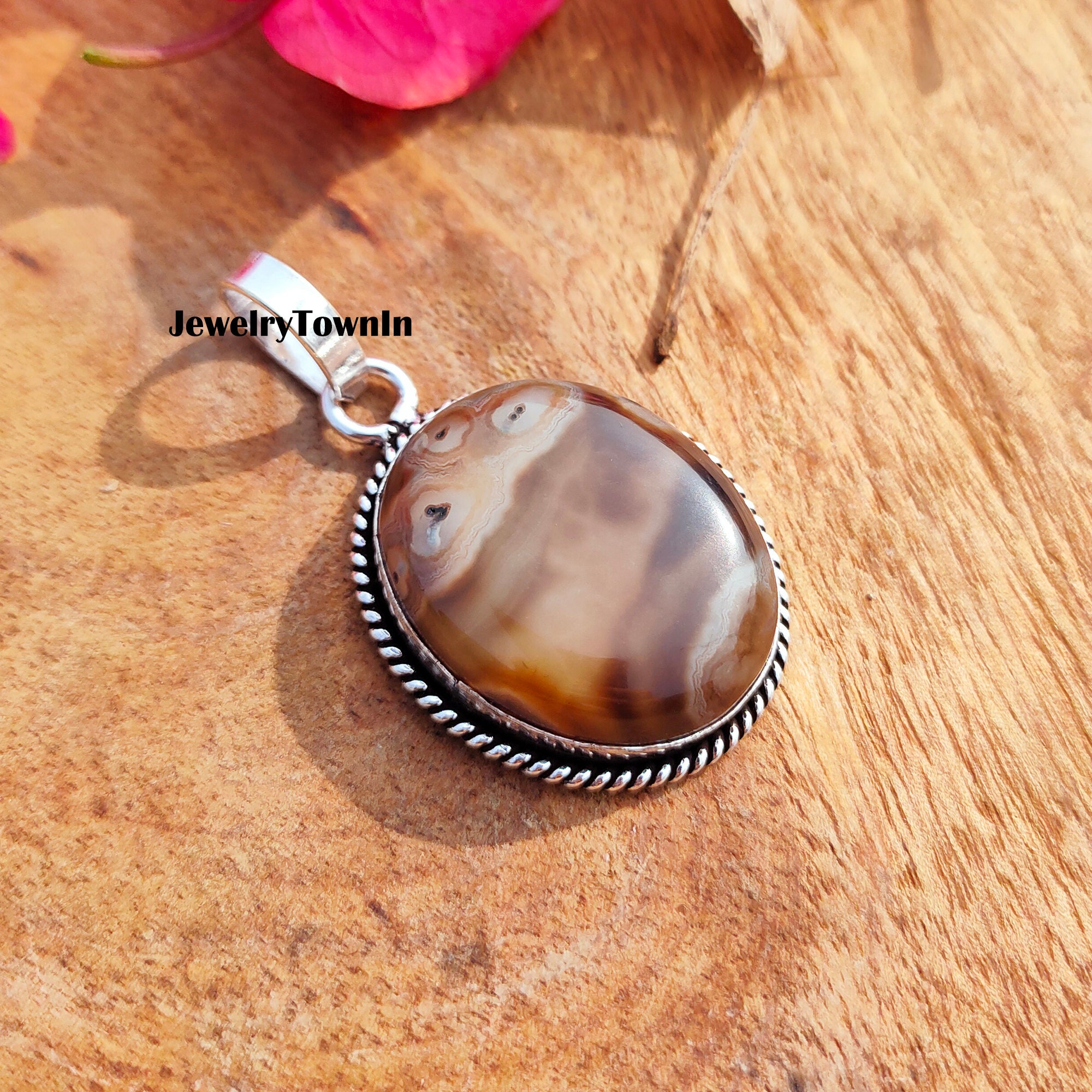 Natural Brown Agate Gemstone Pendant, 925 Sterling Silver Plated, Agate Jewelry, Mothers Day ...