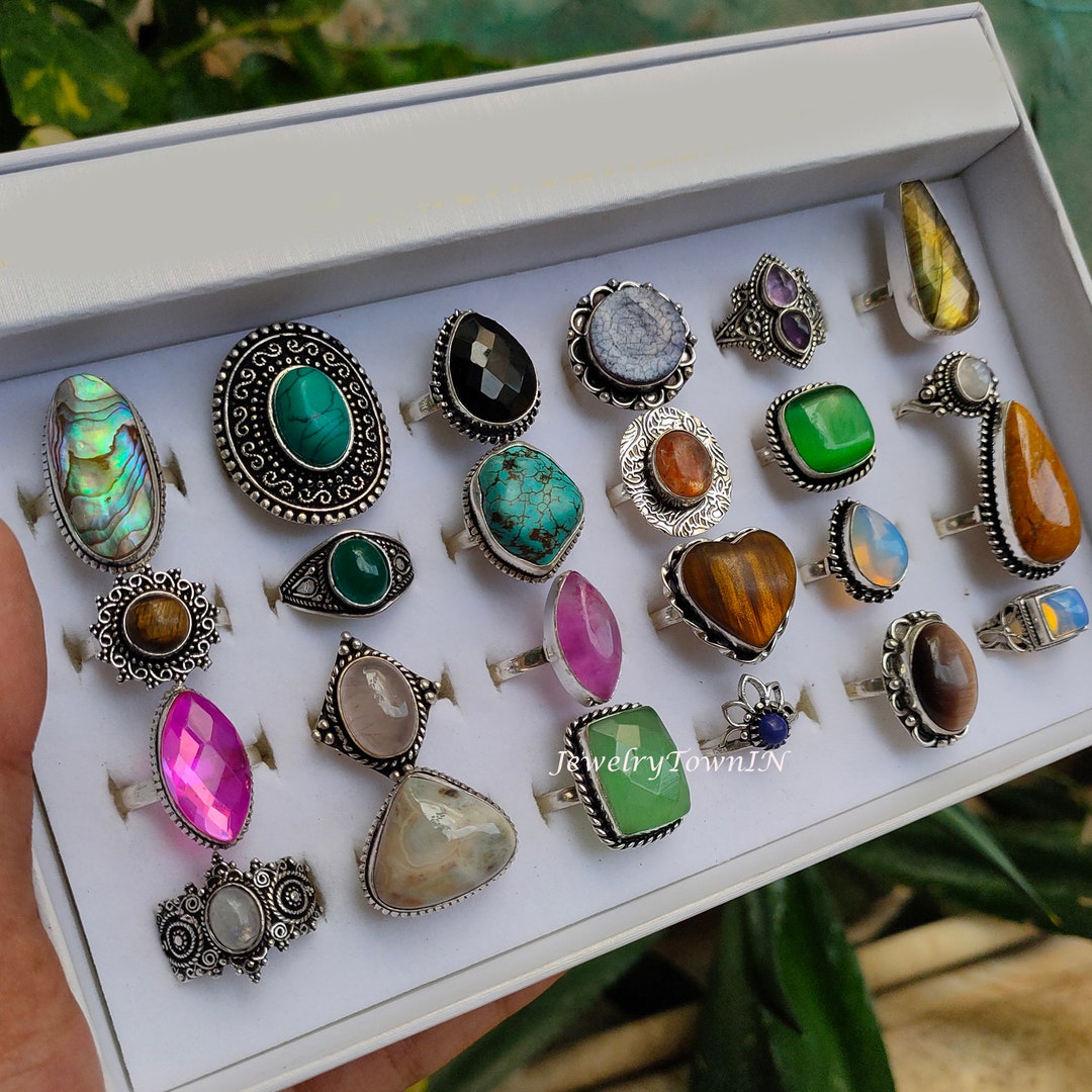 Multi Gemstone Minimalist Ring Lot, 925 Sterling Silver Plated ...