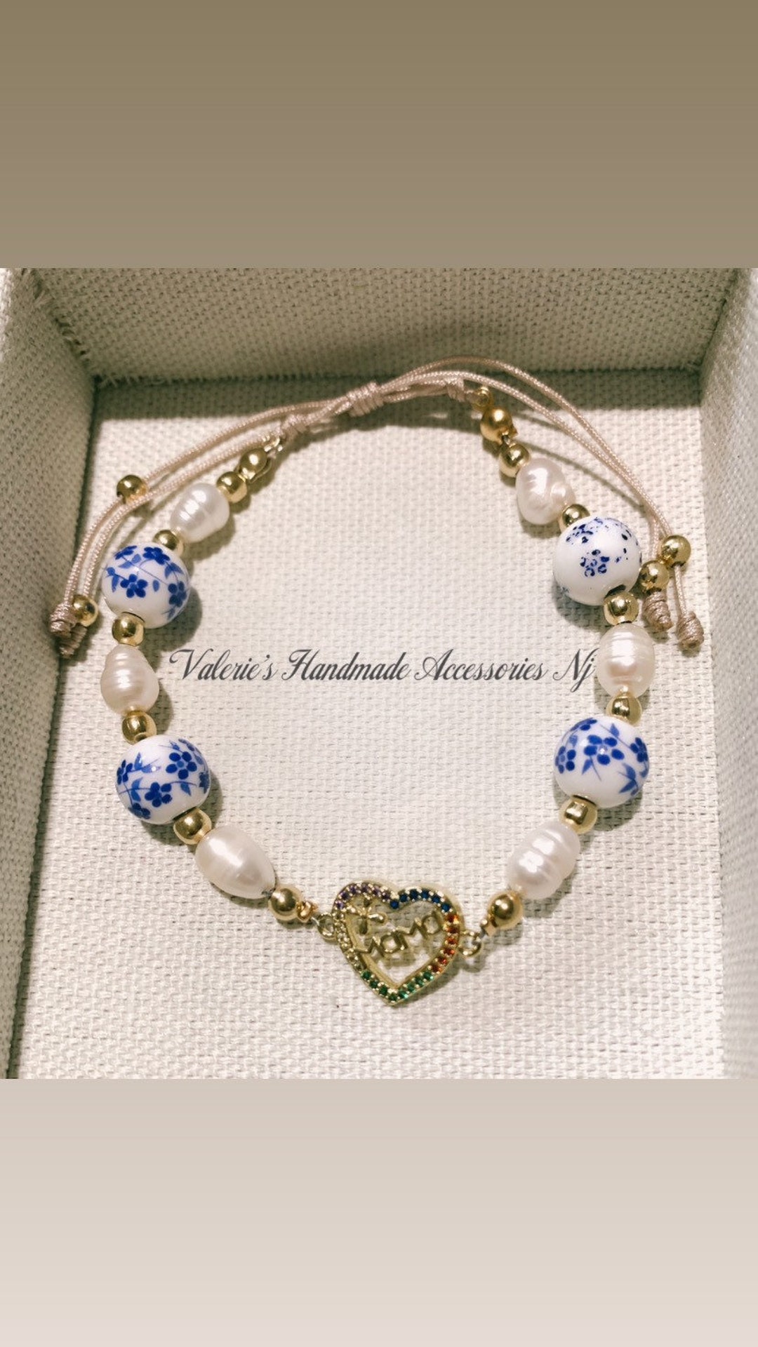 Heart Conector Bracelet, Blue Porcelain Beads and Pearls, Heart Mama ...