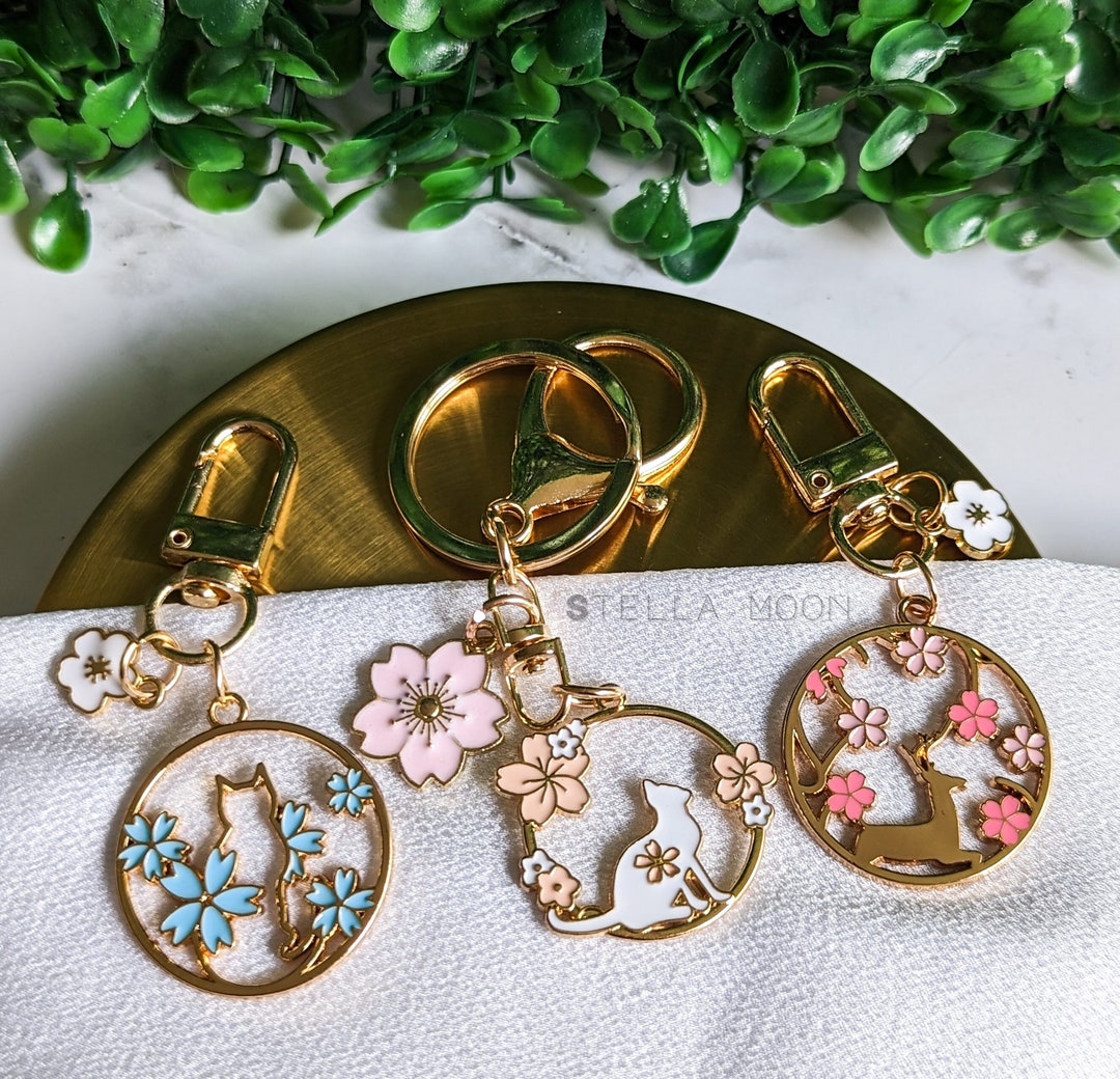 Cherry Blossom Deer Enamel Keychain, Sakura Key Charm, Cute Cat Key ...