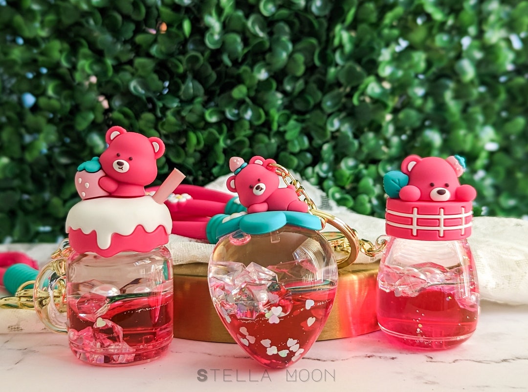Strawberry Bear Float Liquid Keychain, Fruit Bunny Rabbit Key Ring ...