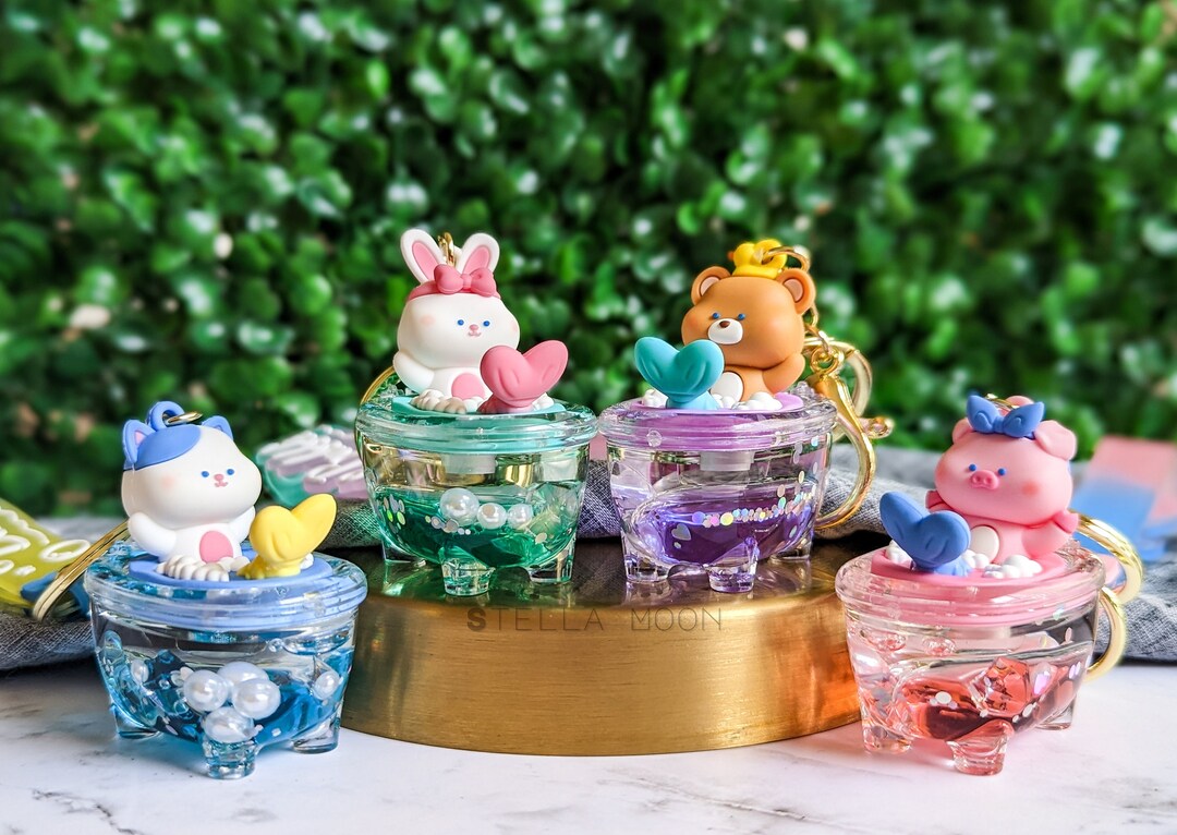 Animal Bath Tub Liquid Keychain, Cute Rabbit Key Chain Ring Accessory ...