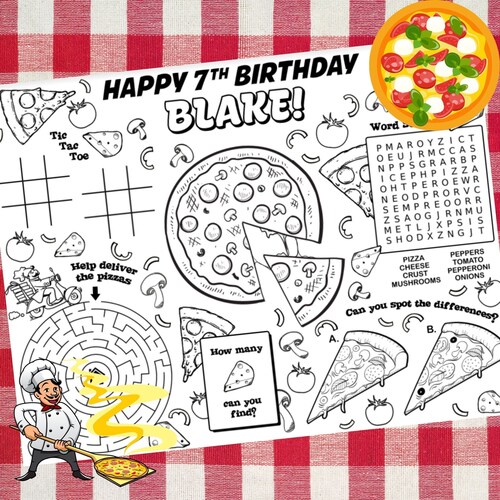 Kids Pizza Party Placemat Activity & Coloring Sheet - Etsy