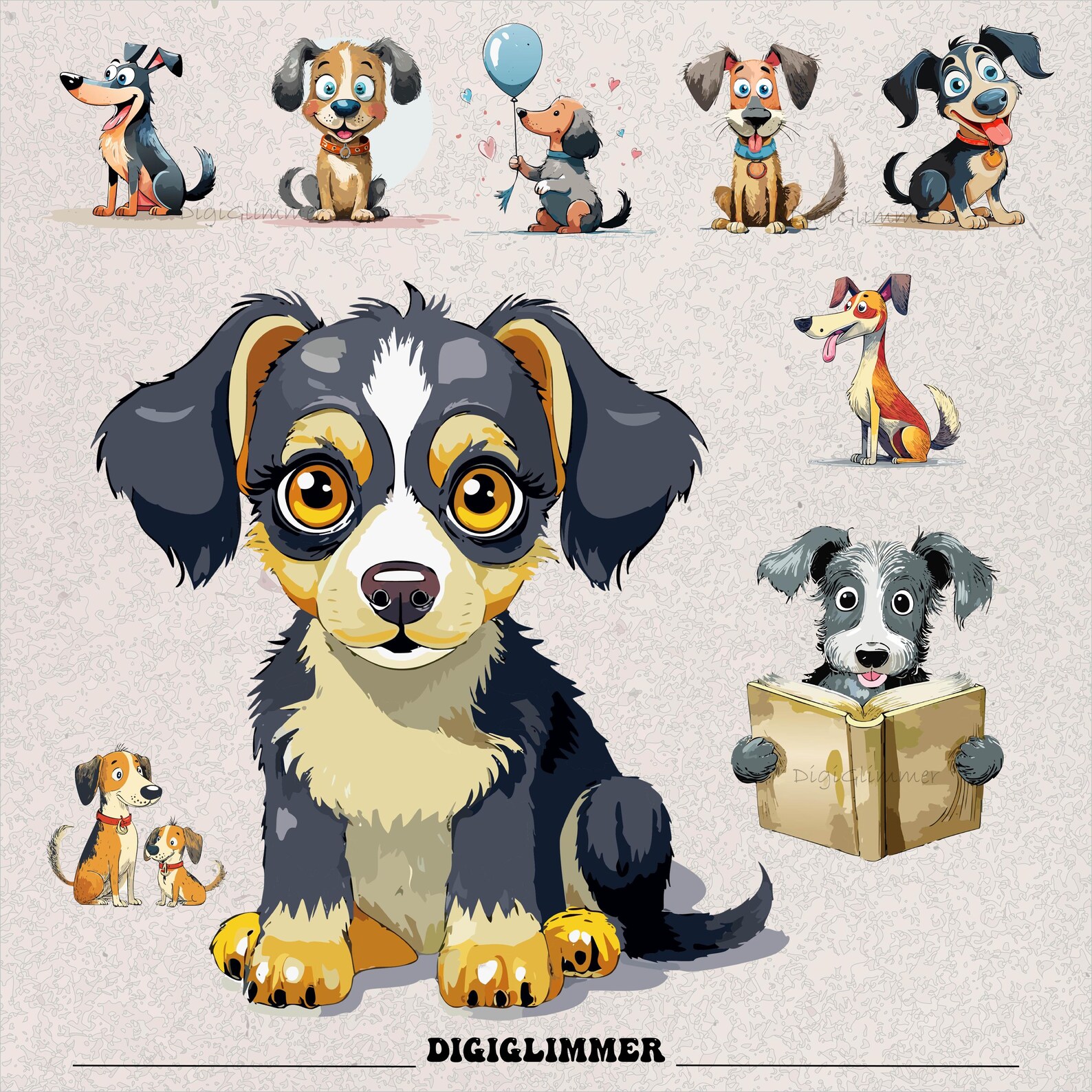 Quirky Playful Dog Clipart Bundle – Whimsical Dog Illustrations, Funny ...