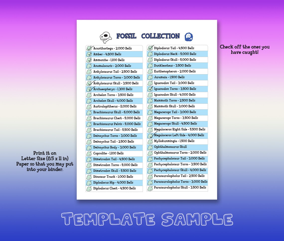ACNH Fossils Print Template, Letter Sized PDF, Download Animal Crossing ...