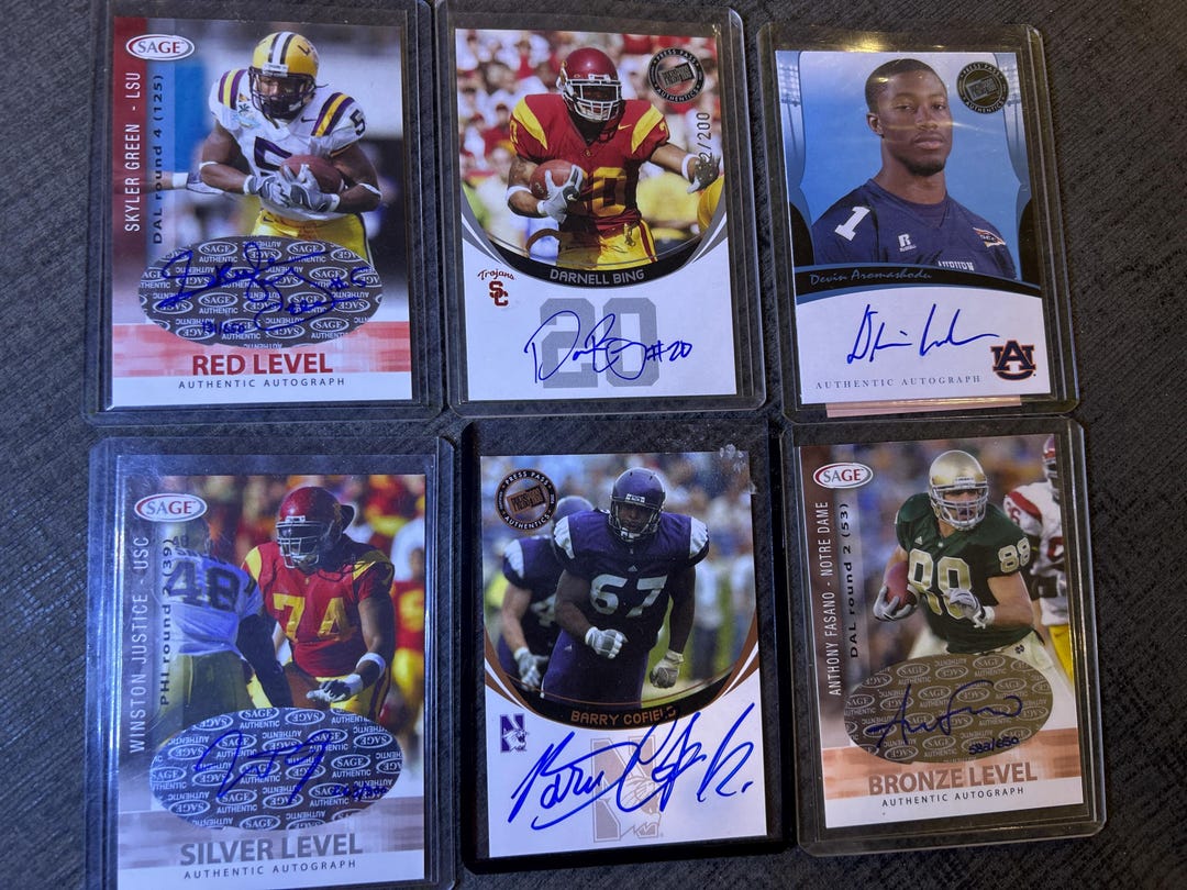 6 Autographed Sports Cards (green, Bing, Justice, Cofield, Fasano ...