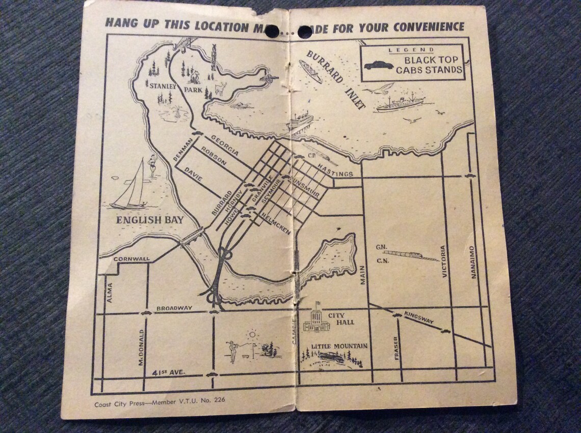 Vintage Black Top Cabs Map vancouver B.C. 1940s - Etsy