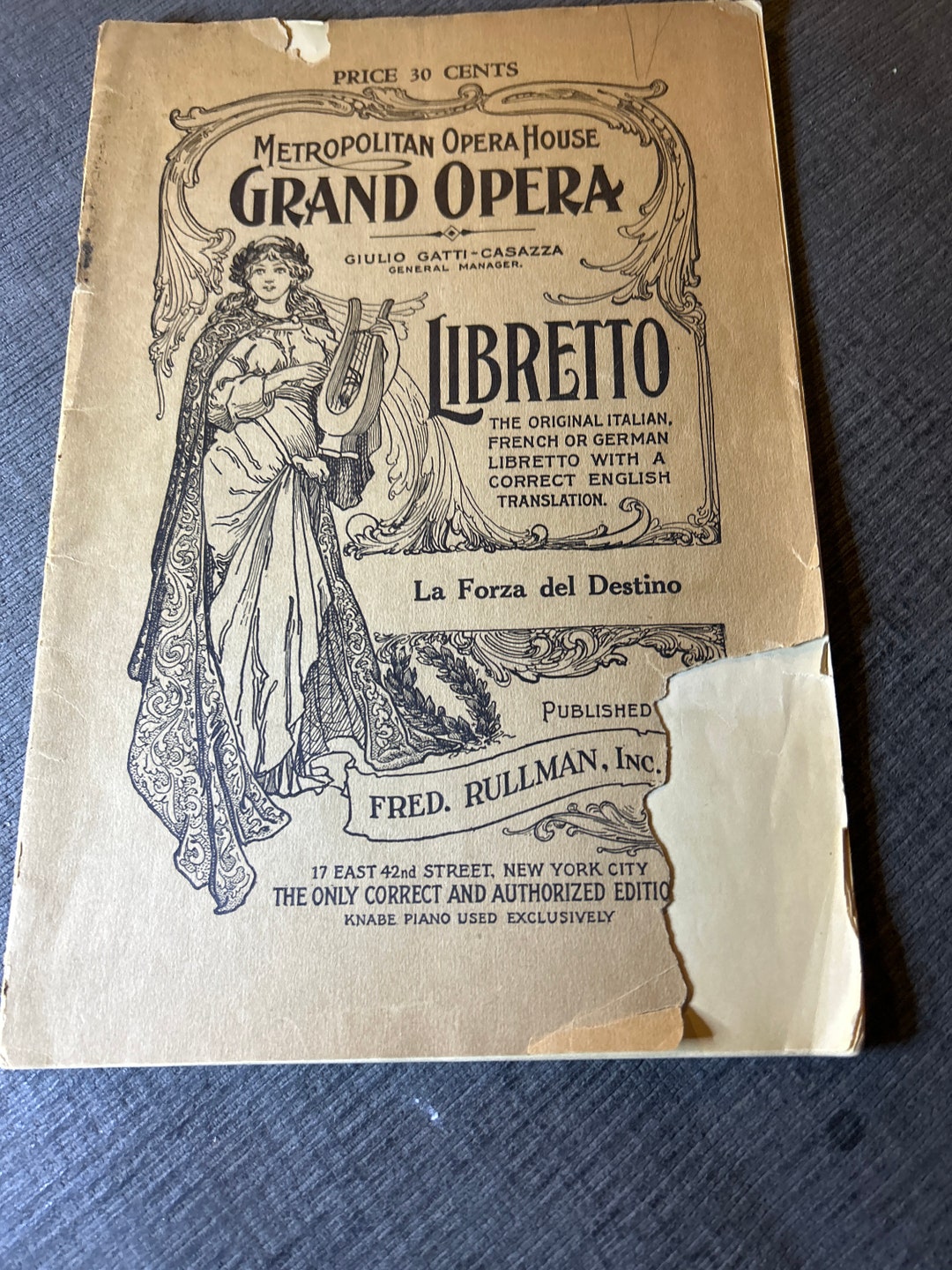 Libretto Metropolitan Opera House “la Forza Del Destiny” 1910’s-verdi ...