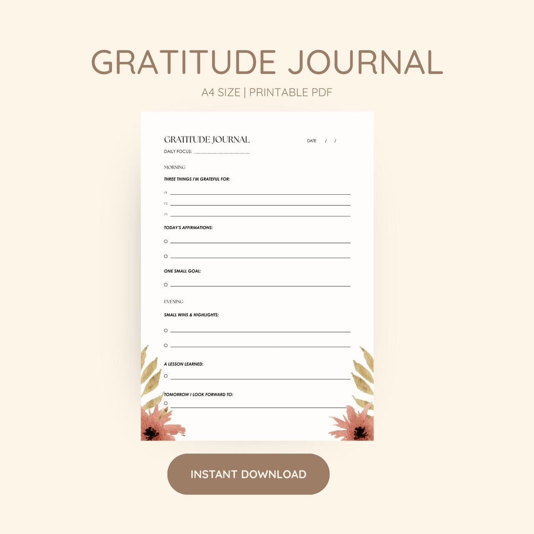 Daily Gratitude Journal Printable, Minimalist One Page, Mental Health ...