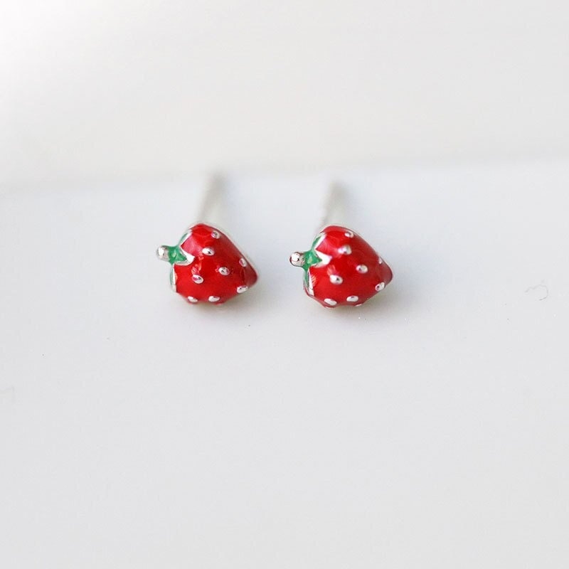 Strawberry Stud Earrings，sterling Silver Earrings，tiny Earrings，fruit ...