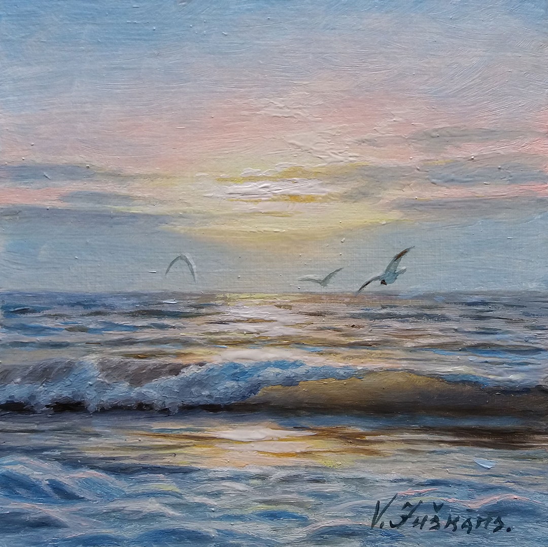 Sunset at Sea Oil Painting Sea Wave Original Seascape Beach Art Coastal ...