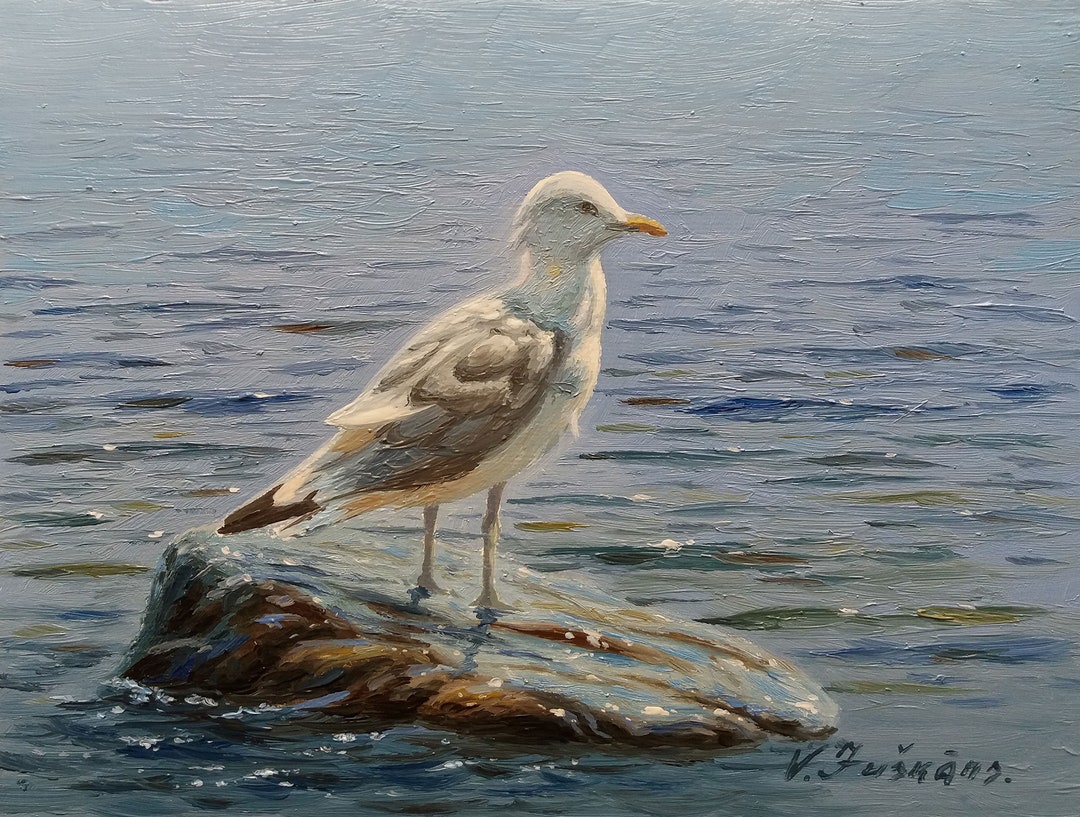 Original Seascape With Seagull Oil Painting Seagull on a Stone Coastal ...